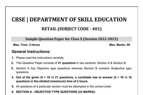 CBSE Class 10 Retail Sample Question Paper 2023: Download PDF ...